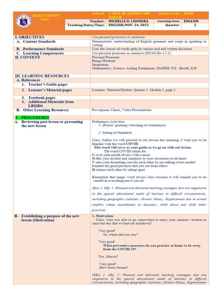 English 4 Cot | PDF | Teachers | Science Education
