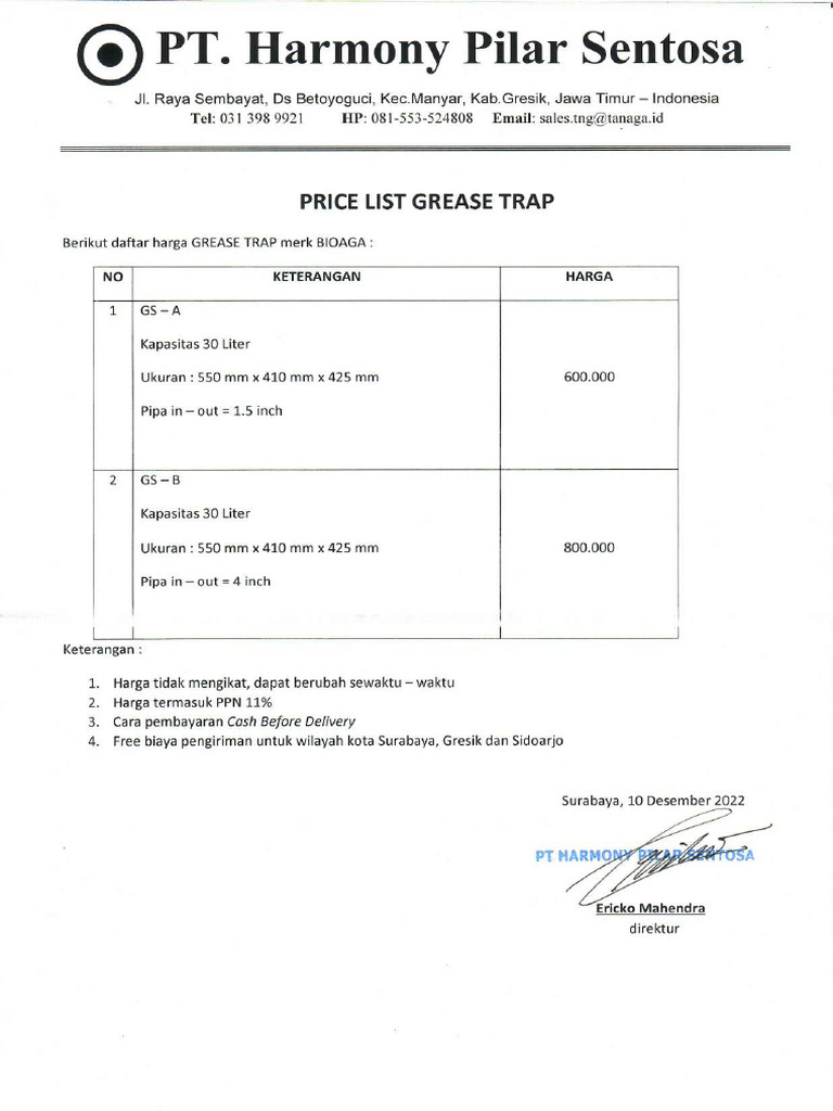 Pricelist Grease Trap | PDF