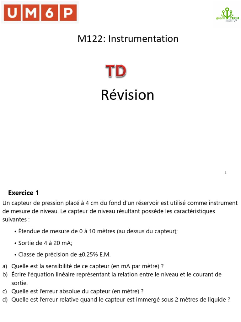 TD Revision Instrumentation 2324 | PDF | Capteur | Pression