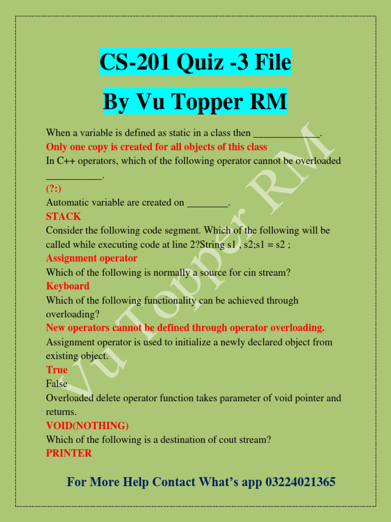 CS201 Quiz-3 by Vu Topper RM-2 | PDF | Pointer (Computer Programming) | Parameter (Computer ...