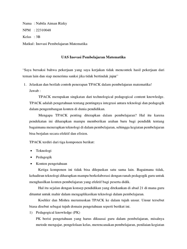 TPACK dan Pembelajaran Matematika Efektif | PDF