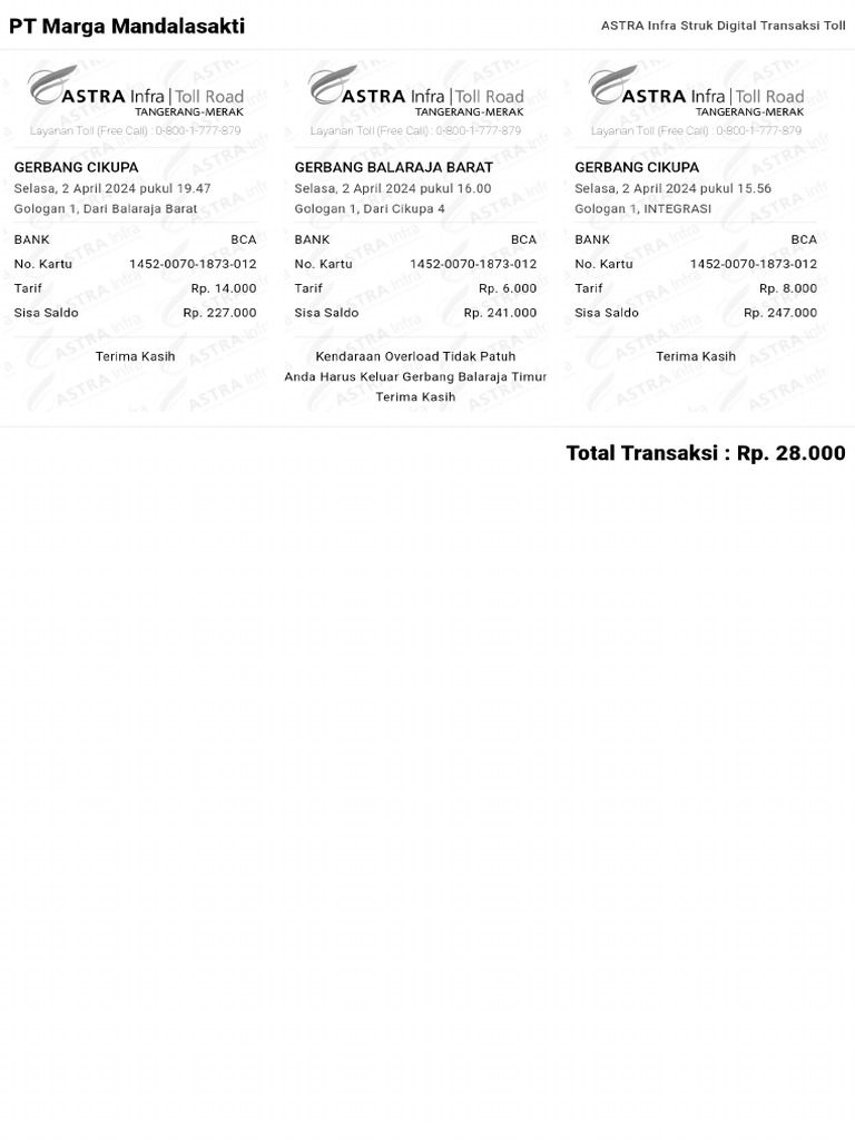 ASTRA Infra Struk Digital Transaksi Toll - 202452102737 | PDF
