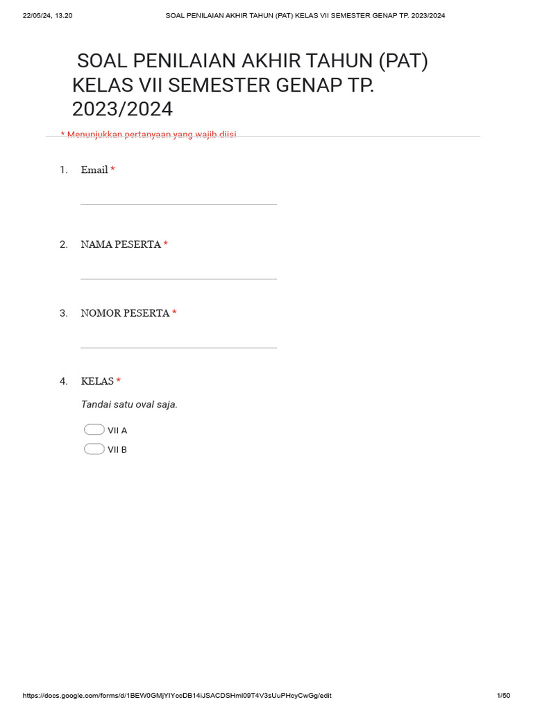 SOAL PAT KELAS VII SEMESTER GENAP TP. 2023 - 2024 - Google Formulir | PDF