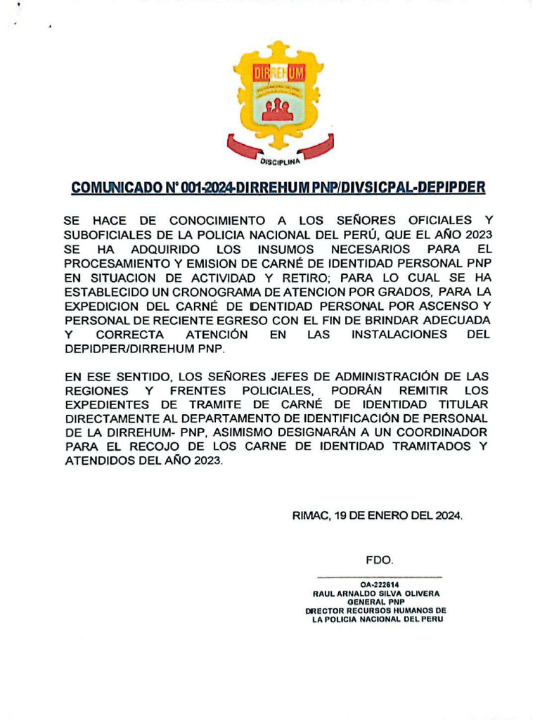 0752 Comunicado #01-Dirrehum PNP | PDF