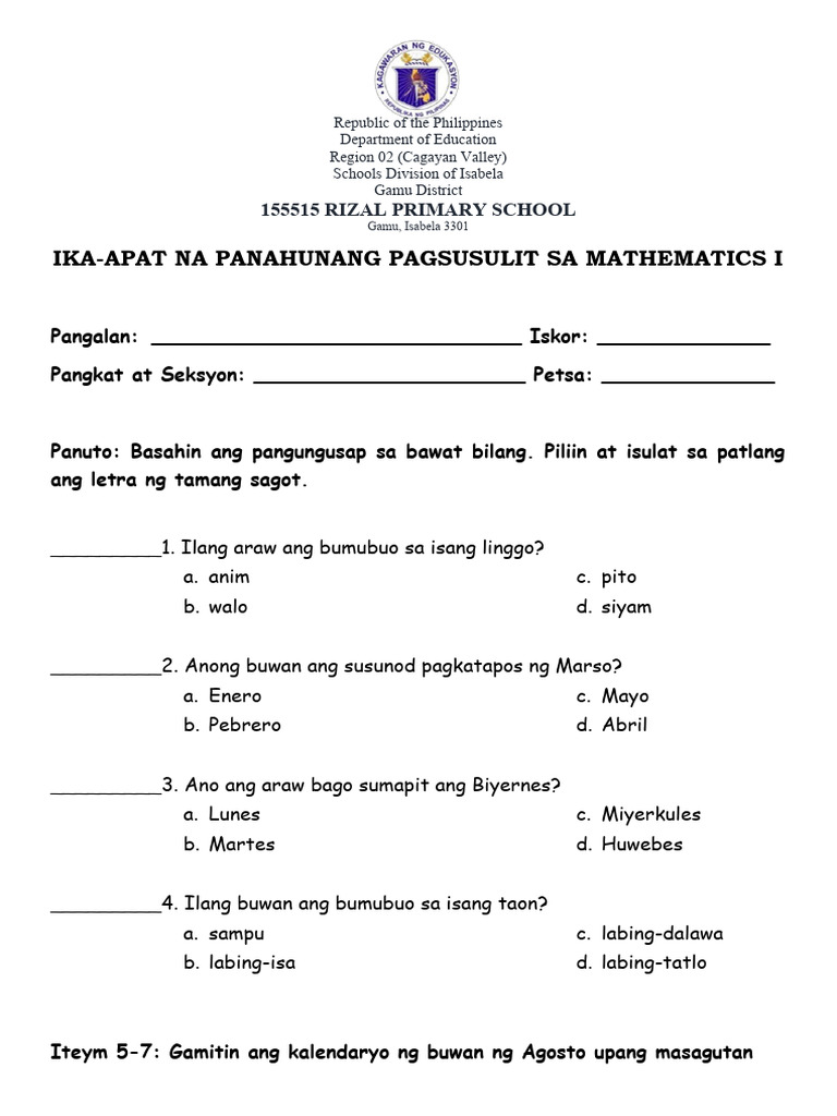 Math PT Fourth | PDF