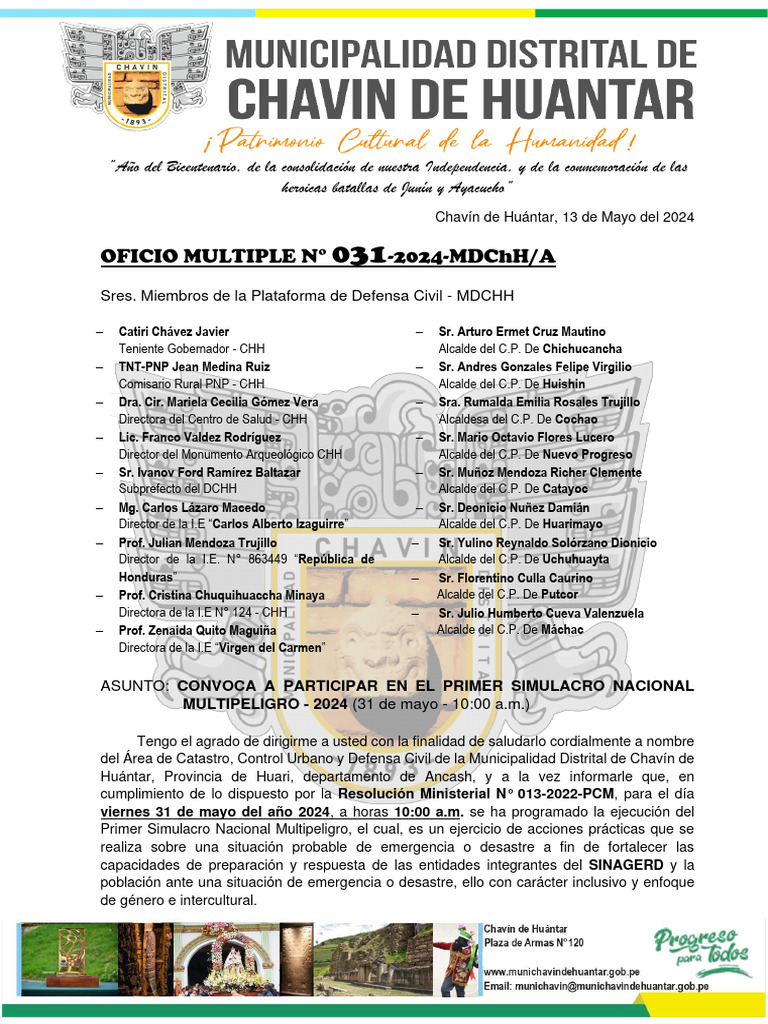 Oficio Multiple 031-2024-Mdchh-Alc | PDF | Defensa Civil | Esfera pública Oficio Multiple 031-2024-Mdchh-Alc | PDF | Defensa Civil | Esfera pública