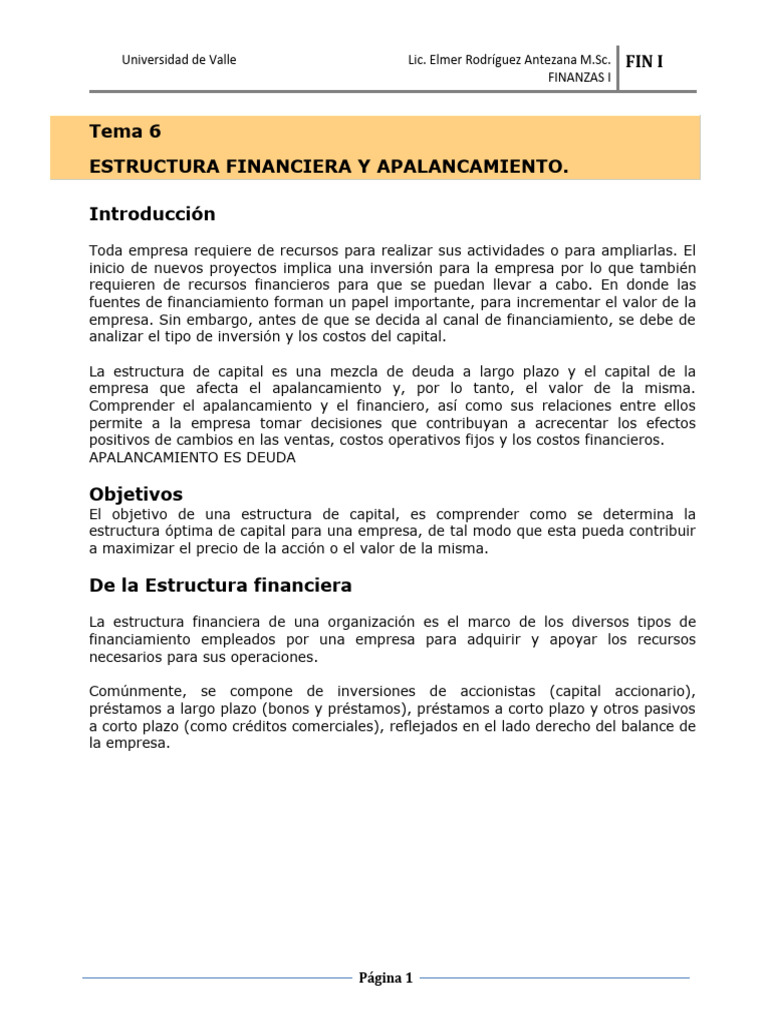 TEMA 6. ESTRUCTURA DE CAPITAL Y APALANCAMIENTO Presentacion | PDF | Capital de trabajo ...