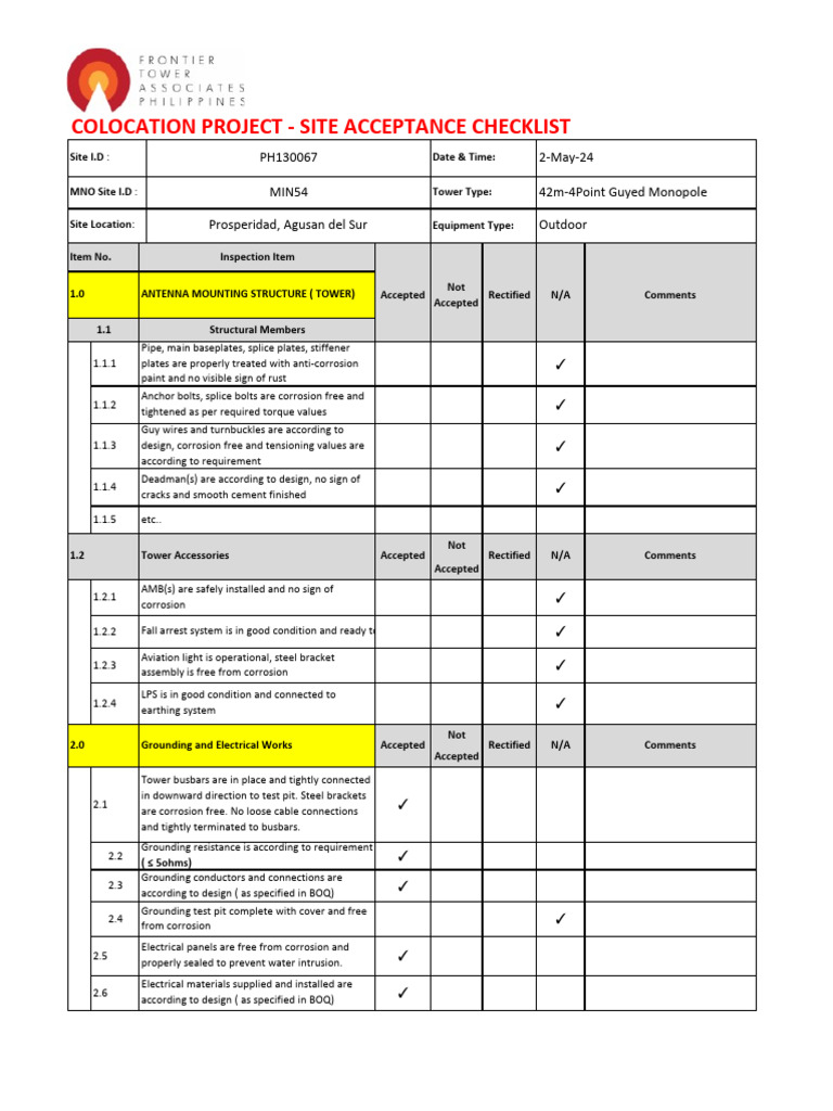 PH130067 - Site Acceptance Checklist | PDF | Corrosion | Building Materials