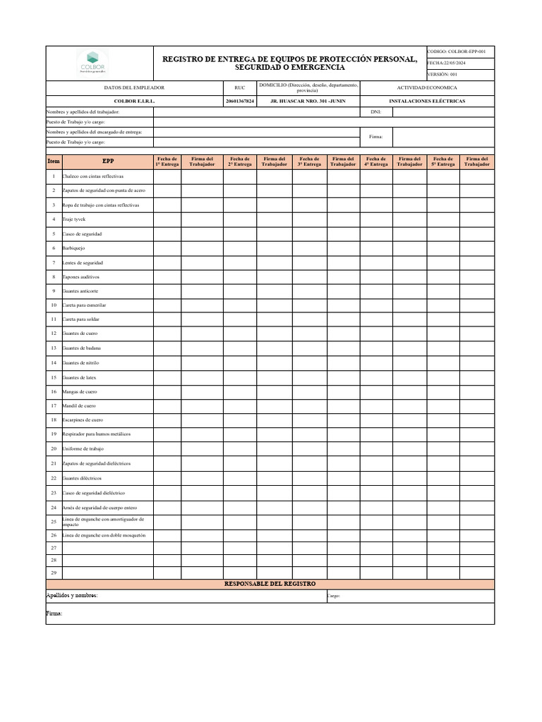 Registro de Entrega de EPP | PDF