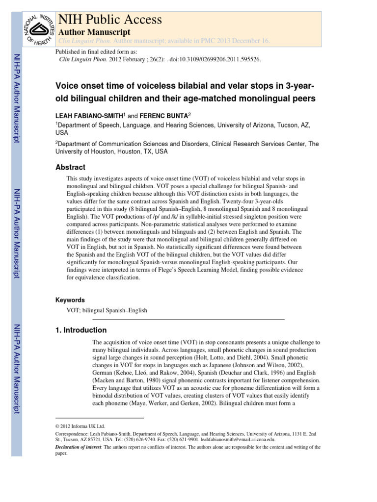 Voice Onset Time of Voiceless Bilabial and Velar Stops in 3-Year | PDF ...