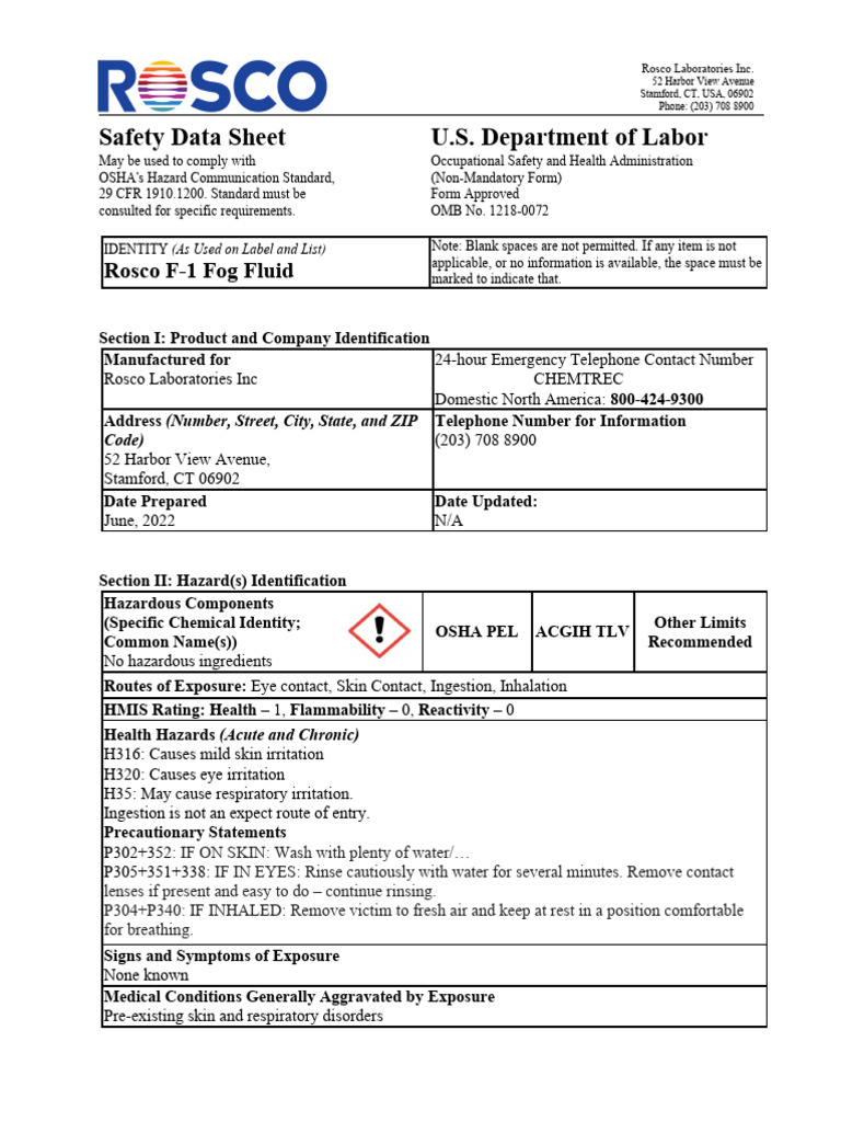 Rosco F-1 Fog Fluid SDS 063022 V1 | PDF | Personal Protective Equipment | Toxicity