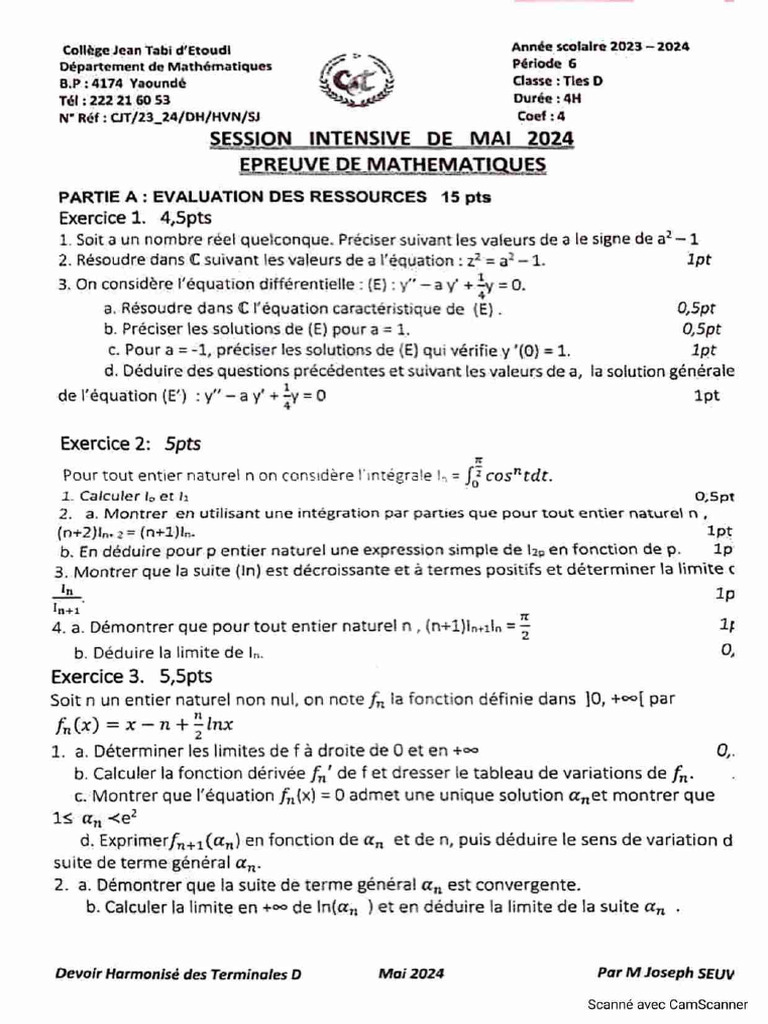 Collège Jean Tabi Maths TleD Seq 6 Mai 2024 | PDF
