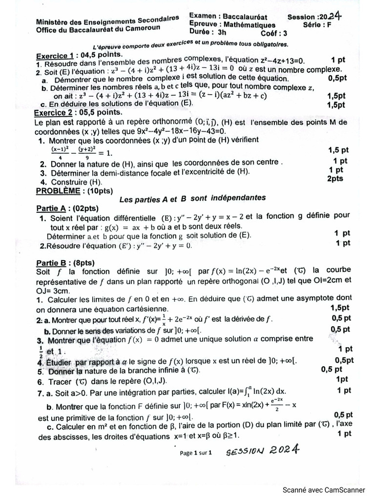 Math Bac F 2024 Cameroun | PDF