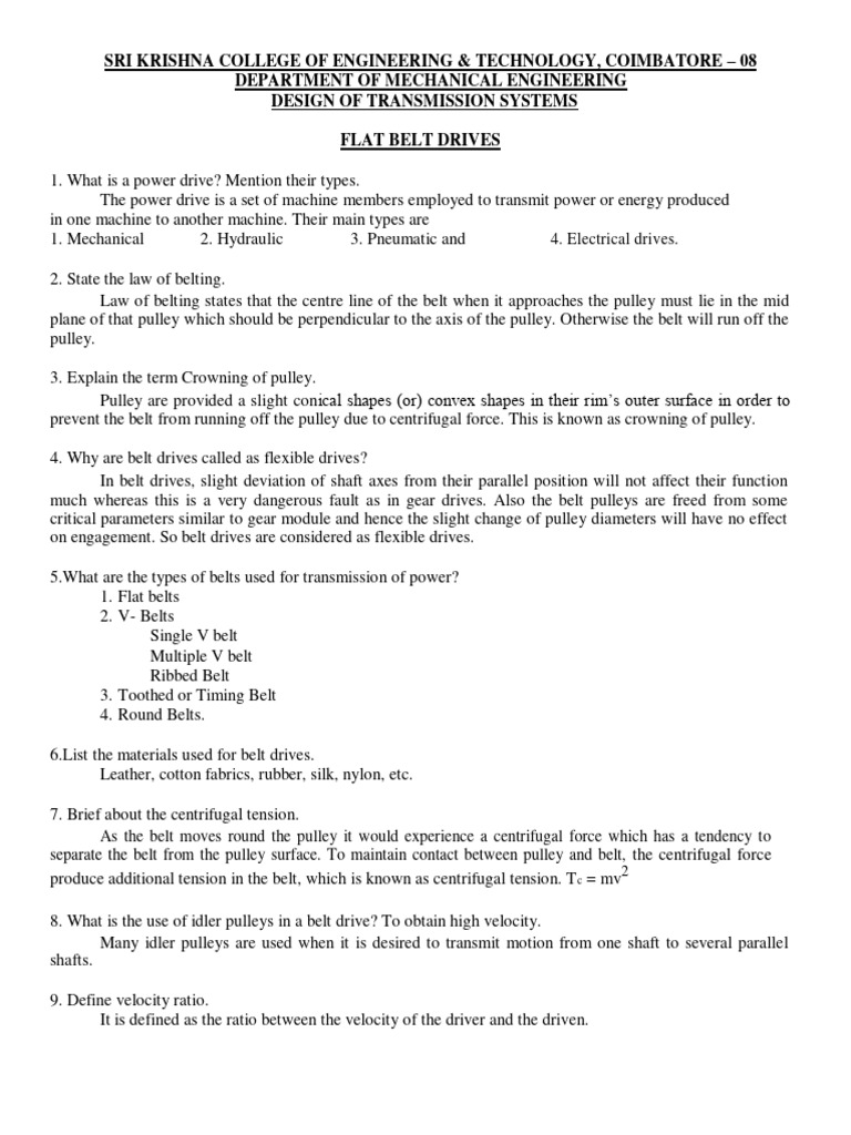 DTS Two Marks QA | PDF | Gear | Belt (Mechanical)