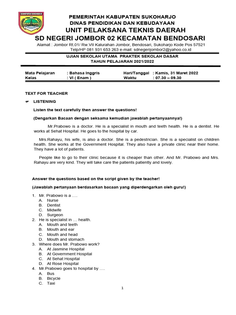 Naskah Guru Ujian Praktek Bahasa Inggris | PDF | Public Services | Health Sciences