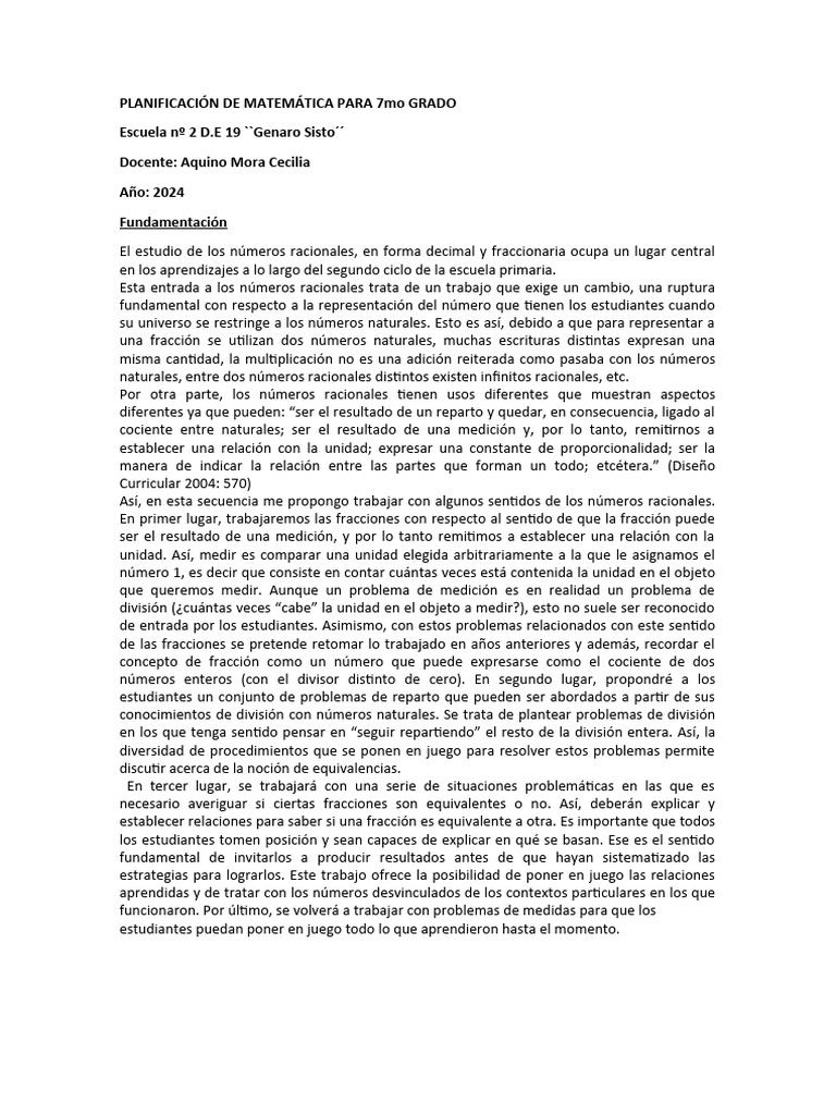 Planificación de Matemática para 7mo Grado | PDF | División ...