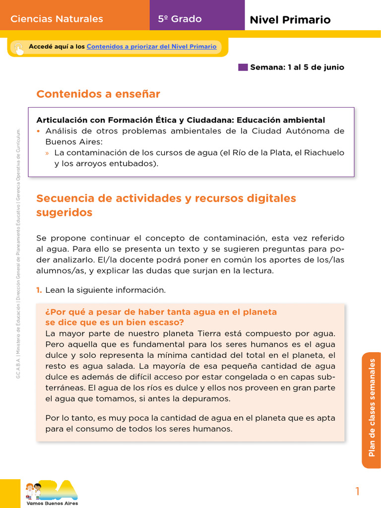 Plan Clases Prim Csnat 5 Q1junio | PDF | Agua | Residuos