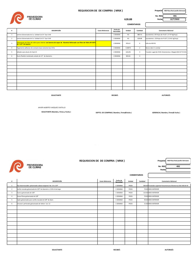 Requisiciones de Compra HEB Gimnasio | PDF | Bienes manufacturados | Ingeniería de Edificación