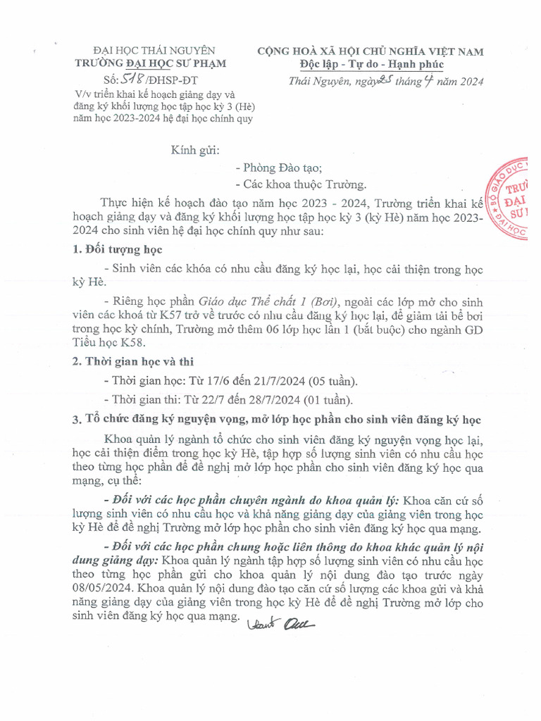 Trien Khai Ke Hoach Hoc Ky 3 (Ky He) Nam Hoc 2023-2024. | PDF