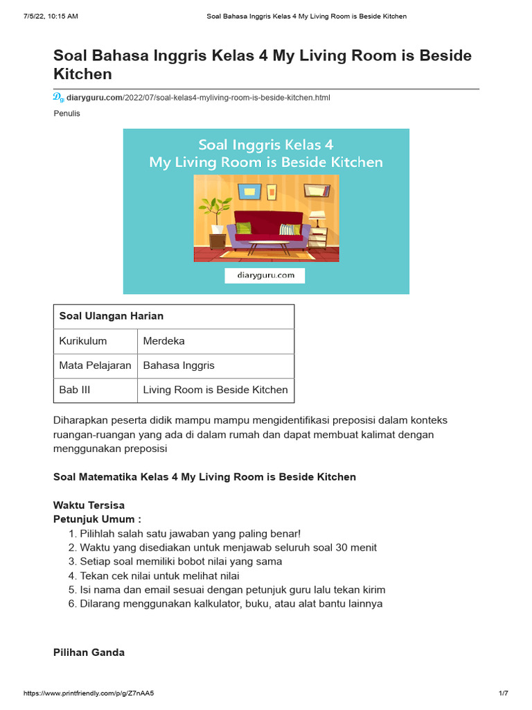 Soal Bahasa Inggris Kelas 4 My Living Room Is Beside Kitchen | PDF | Room | Home