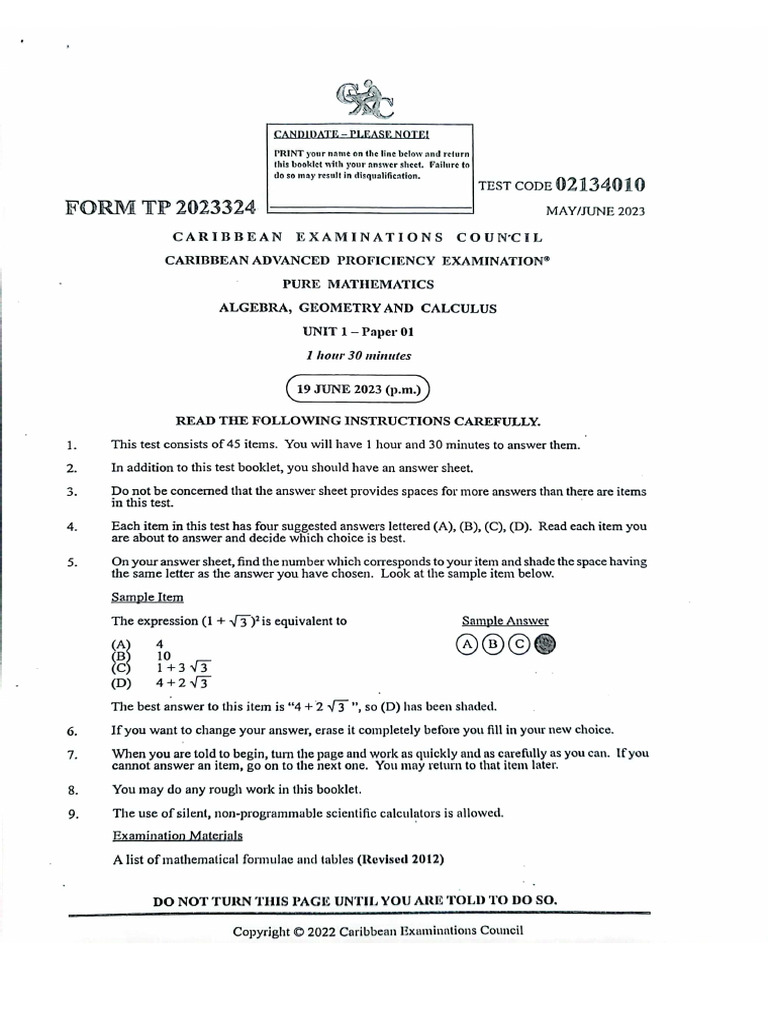 CAPE Pure Mathematics 2023 U1 P1 | PDF