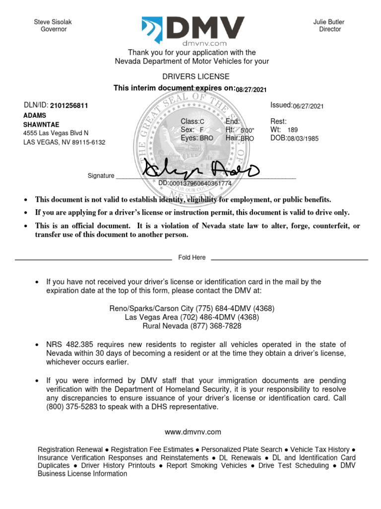 Nevada Interim Driver's License Document | PDF | Department Of Motor ...