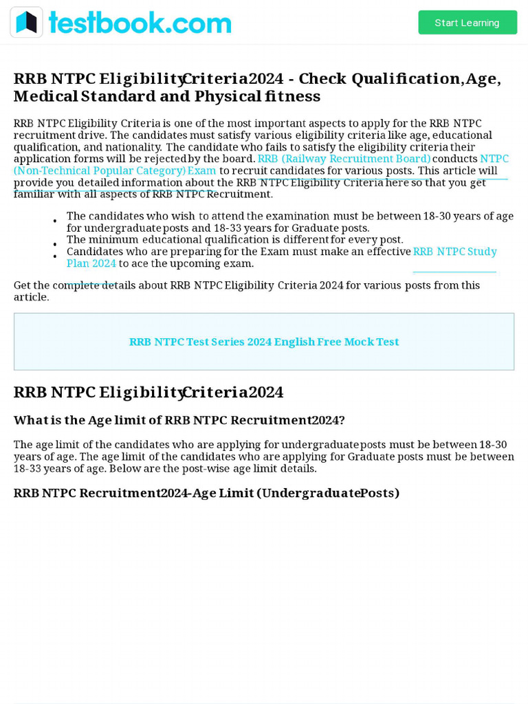 RRB NTPC Eligibility Criteria 2024 - Check Qualification, Age, Medical ...