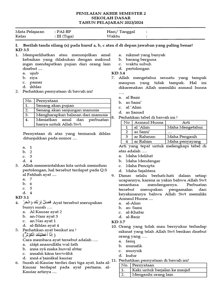Soal PAS 2 PAI Kelas 3 TP 2023 - 2024 - K13 | PDF