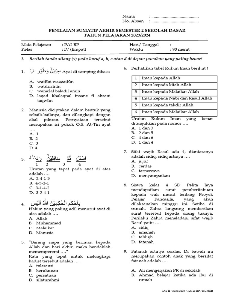 Soal SAS 2 PAI Kelas 4 TP 2023 - 2024 | PDF