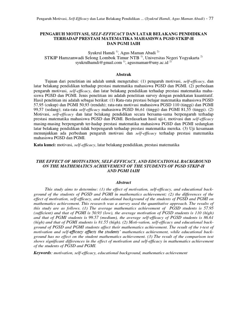Jurnal Pengaruh Motivasi, Self-Efficacy Dan Latar Belakang Pendidikan Terhadap Prestasi ...