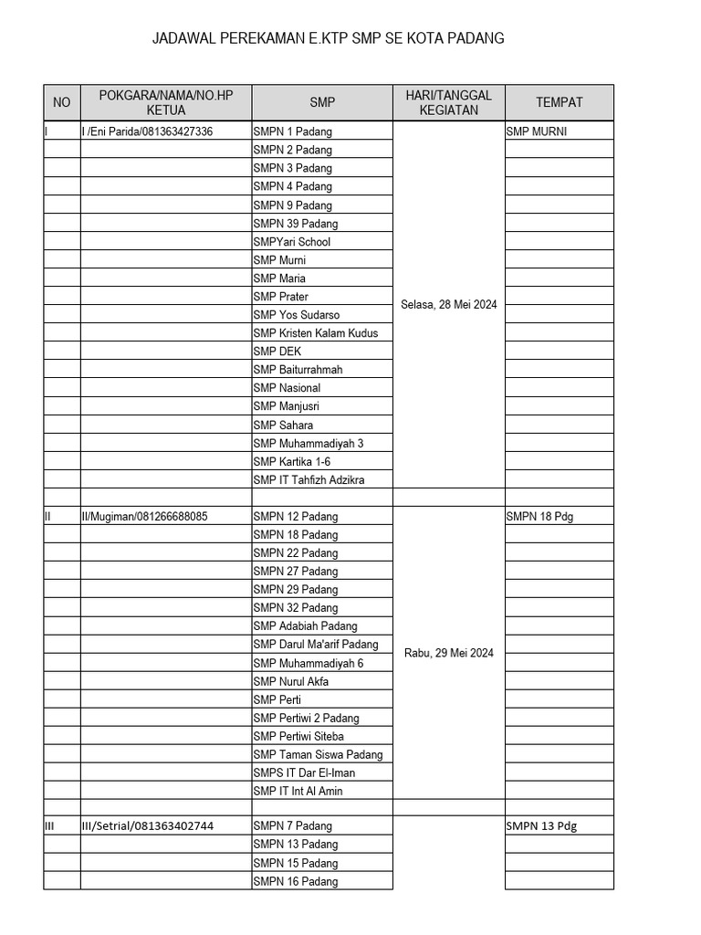 Jadwal Perekaman E-KTP SMP Padang | PDF