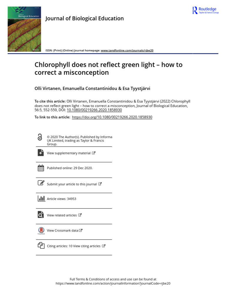 Chlorophyll Does Not Reflect Green Light How To Correct A Misconception ...