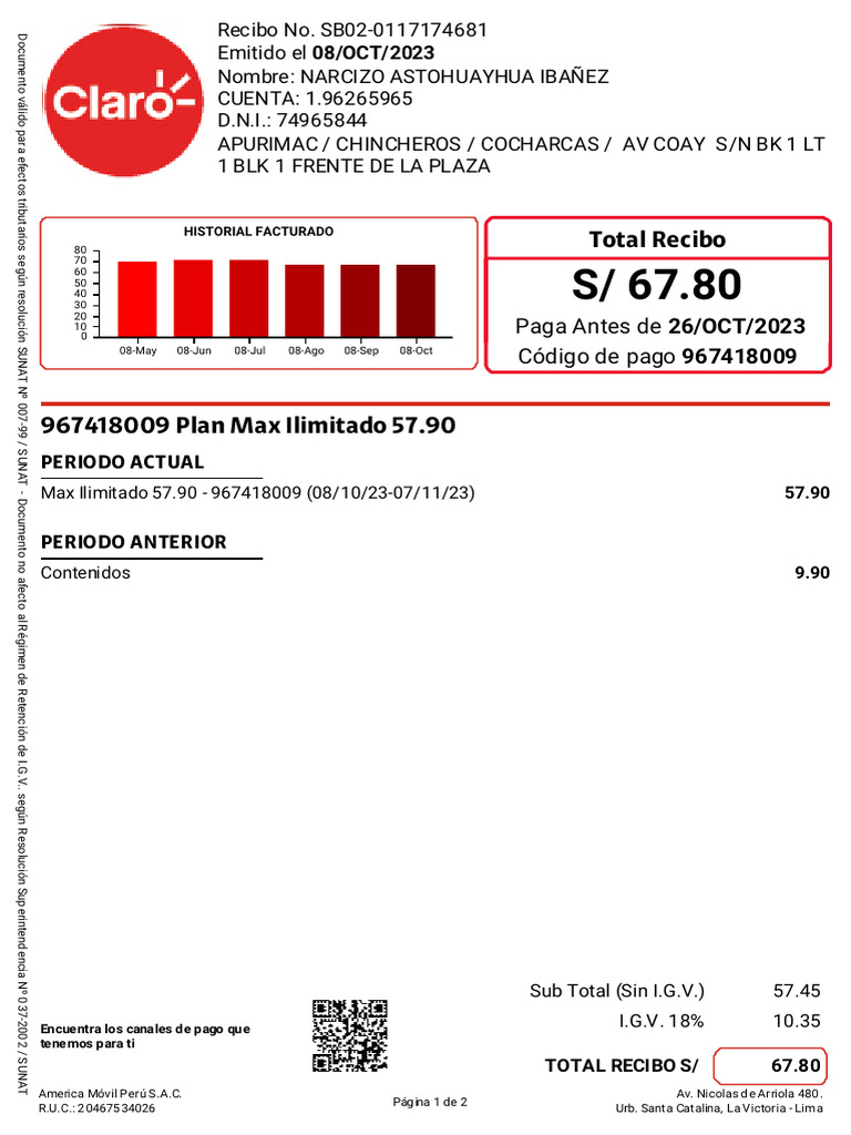 Recibo de Pago Claro - Octubre 2023 | PDF