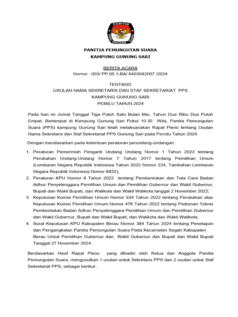 Ba Dan Daftar Hadir Pengusulan Sek - PPS 2024 | PDF