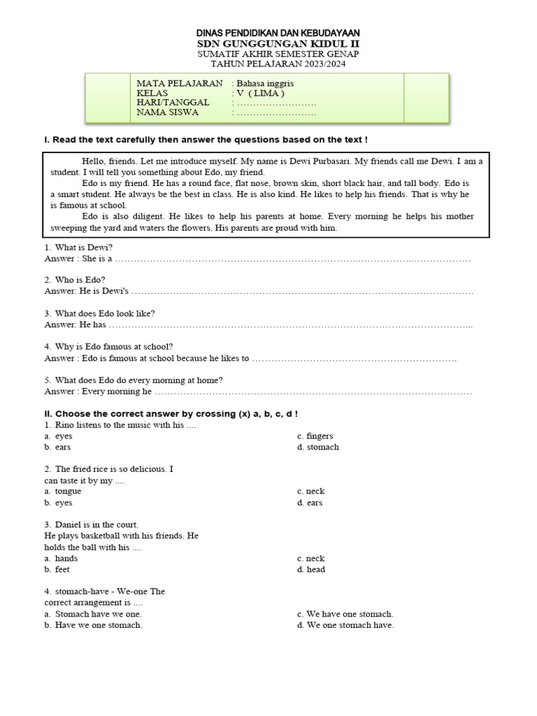 Soal PTS-STS Bahasa Inggris Kelas 5 Semester 2 Kurikulum Merdeka T.A 2023-2024 | PDF | Zoology ...