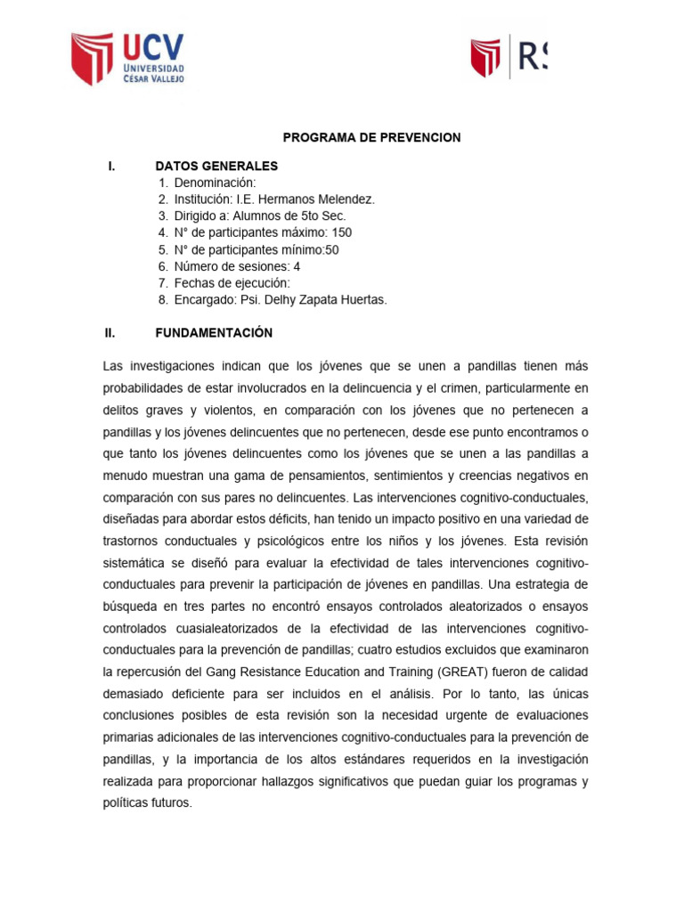 Esquema Programa Prevencion-Promocion | PDF | Terapia de conducta cognitiva | Conceptos psicologicos