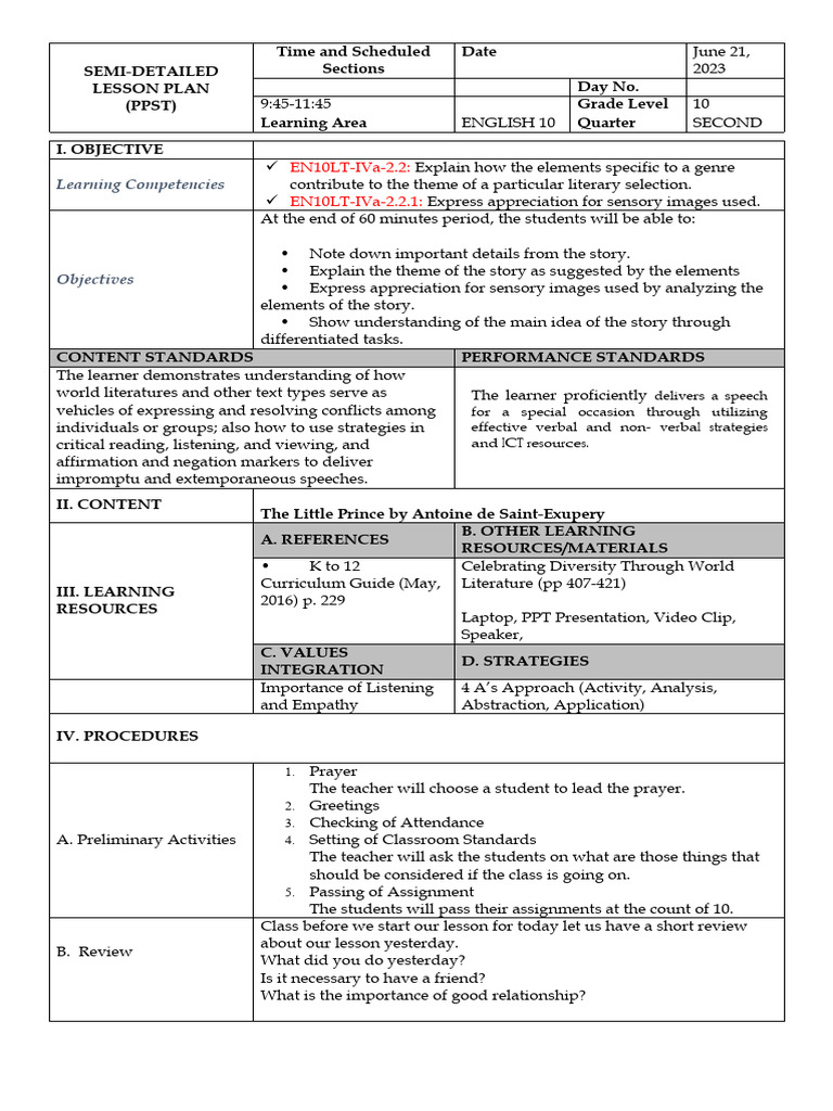 English 10 Lesson Plan: The Little Prince | PDF | The Little Prince ...