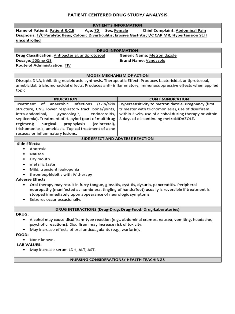 DRUG STUDY - Metronidazole | PDF | Clinical Medicine | Medical Specialties