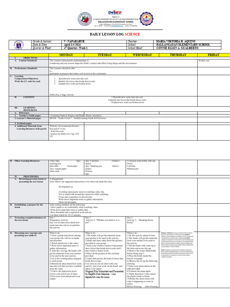 DLL - Science 5 - Q4 - W1 | PDF | Teachers | Learning