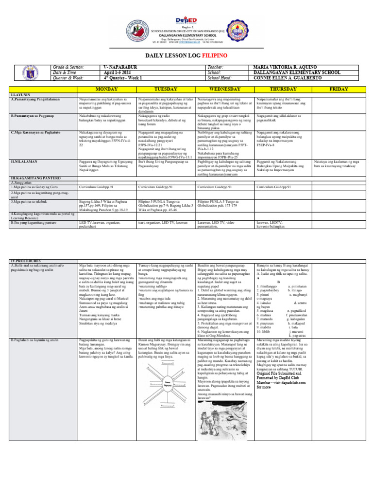 DLL Filipino 5 q4 w1 | PDF