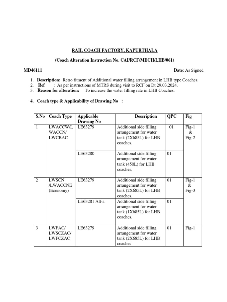 LHB Coach Water Filling Modification Guide | PDF | Rail Transport ...