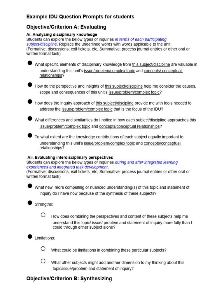 Example IDU Question Prompts For Students | PDF | Interdisciplinarity ...