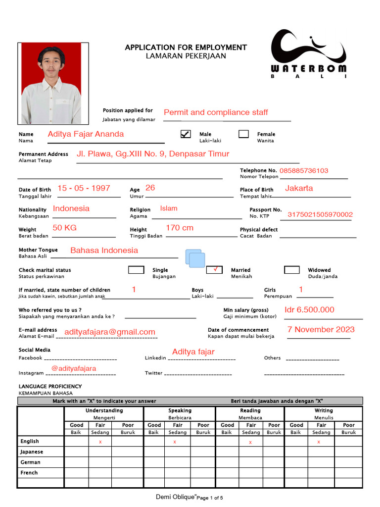 Application Form Waterbom Bali Adit | PDF