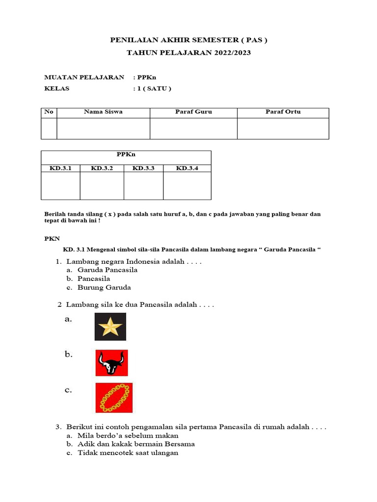 SOAL PAS PPKN Tema 5 Kls 1 Smester 2 | PDF