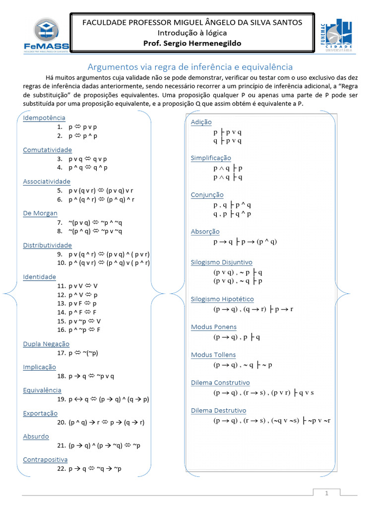 12 - Argumento Via Regras de Inferencia e Equivalencia | PDF ...
