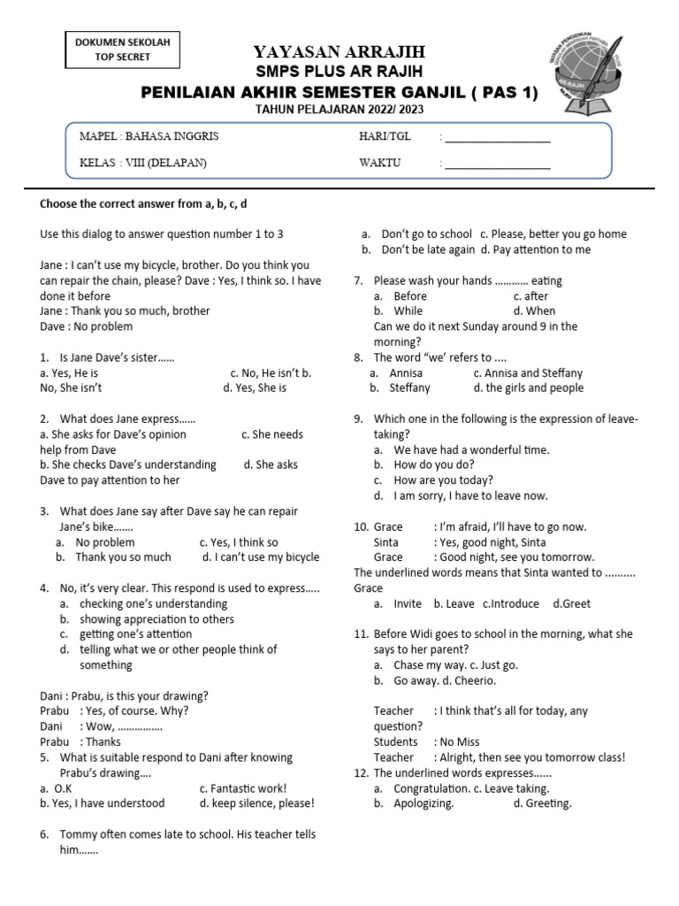 Soal Pas 1 - English-8-2022 - 2023 | PDF | Room | Interior Design