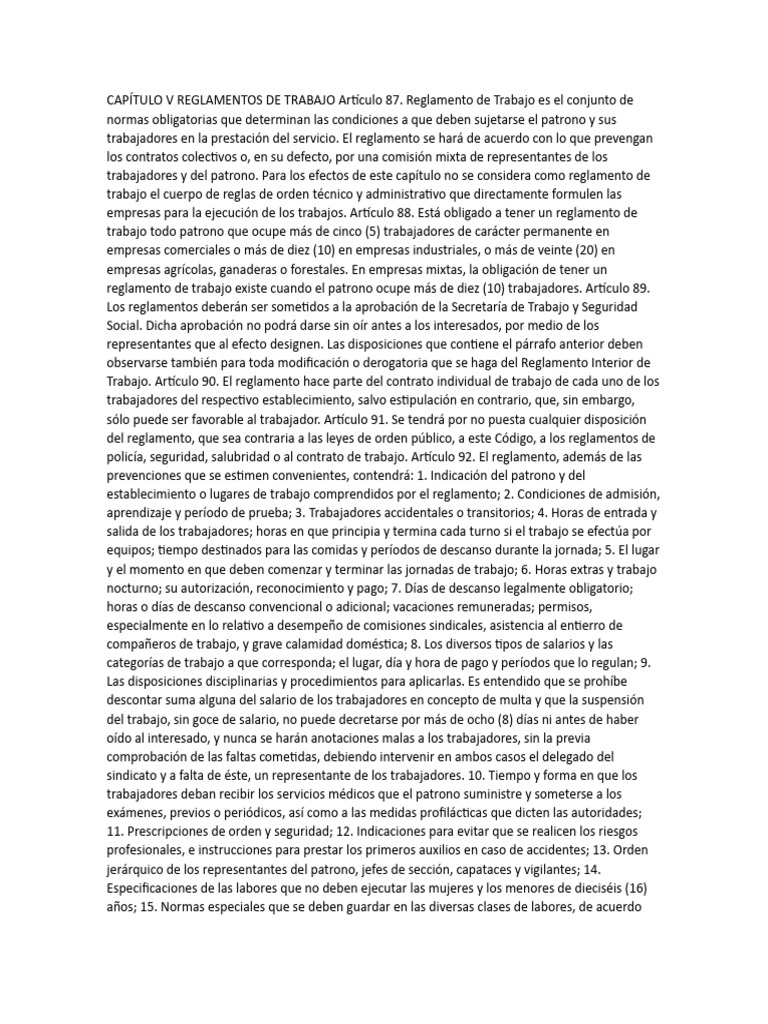 CAPÍTULO V REGLAMENTOS DE TRABAJO Artículo 87 | PDF | Regulación | Salario