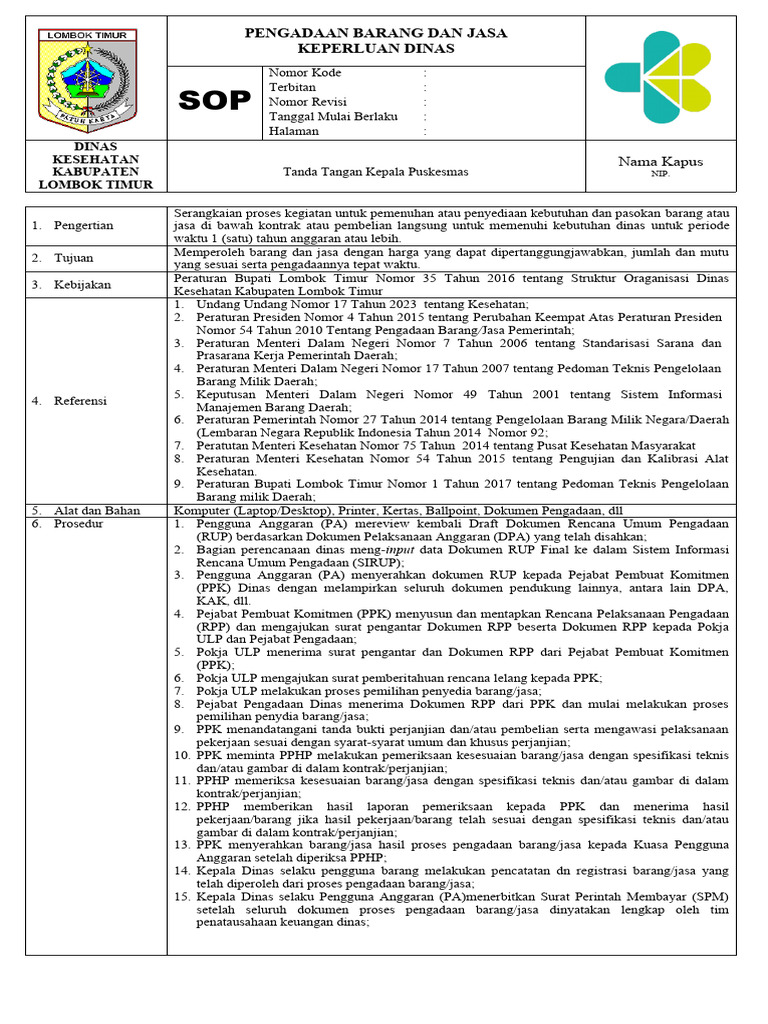 SOP Pengadaan Barang/Jasa Dinkes | PDF | Pengelolaan Keuangan & Uang ...