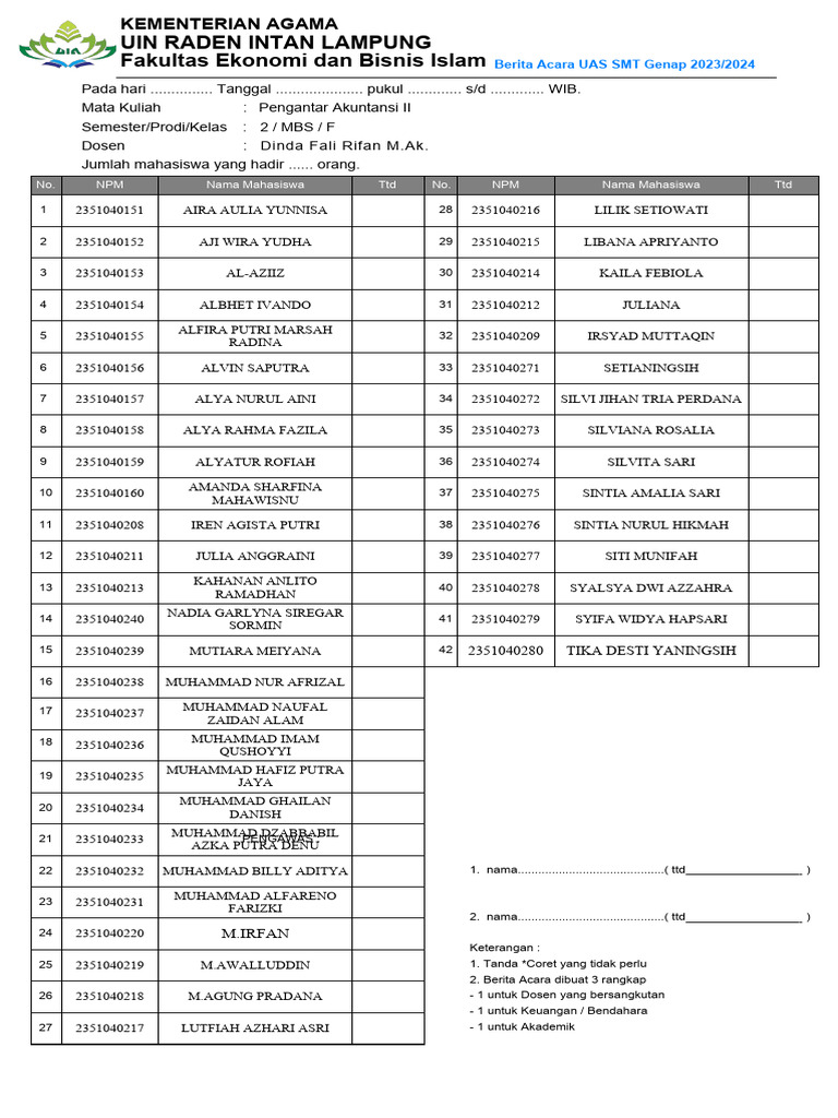 BERITA ACARA UIN MBS F Uas Akuntansi 2 | PDF