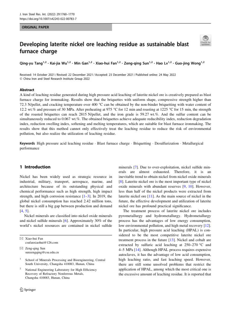 Developing Laterite Nickel Ore Leaching Residue as Sustainable Blast ...